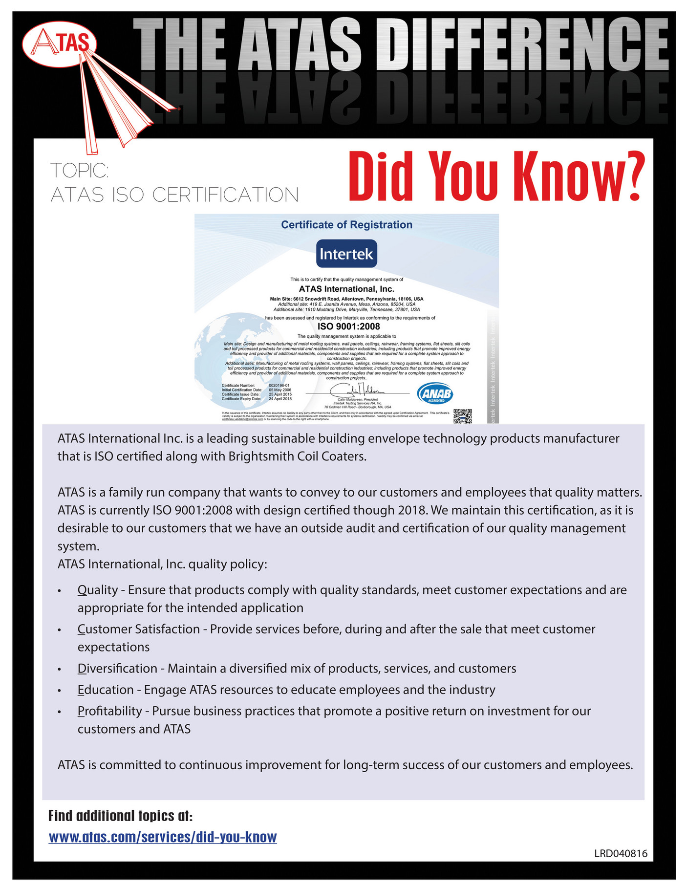 ATAS International, Inc. - ATAS ISO Certification - Page 1 - Created with Publitas.com