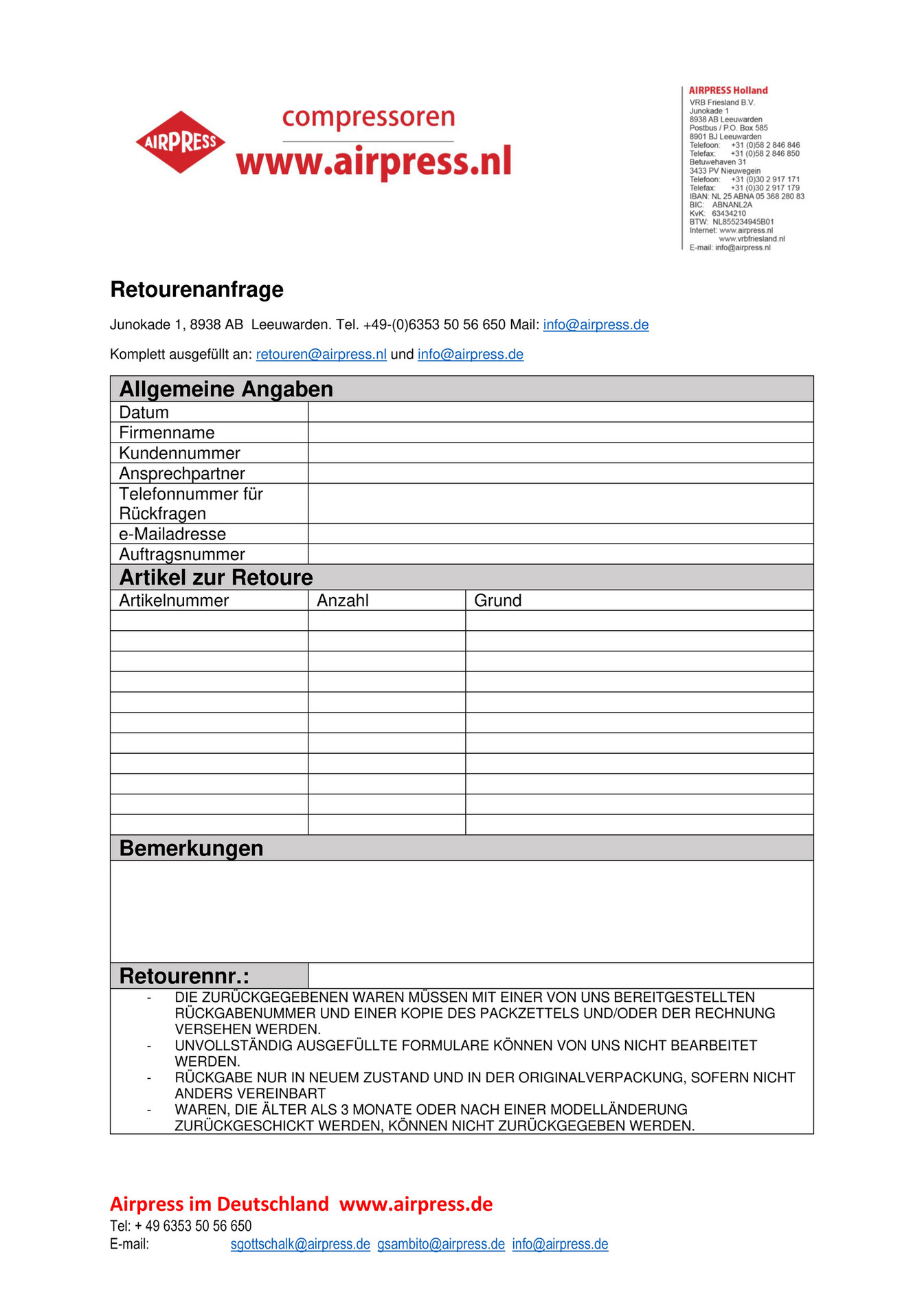 Airpress - Retourenformular / Retourenafrage - Pagina 1 - Created with ...