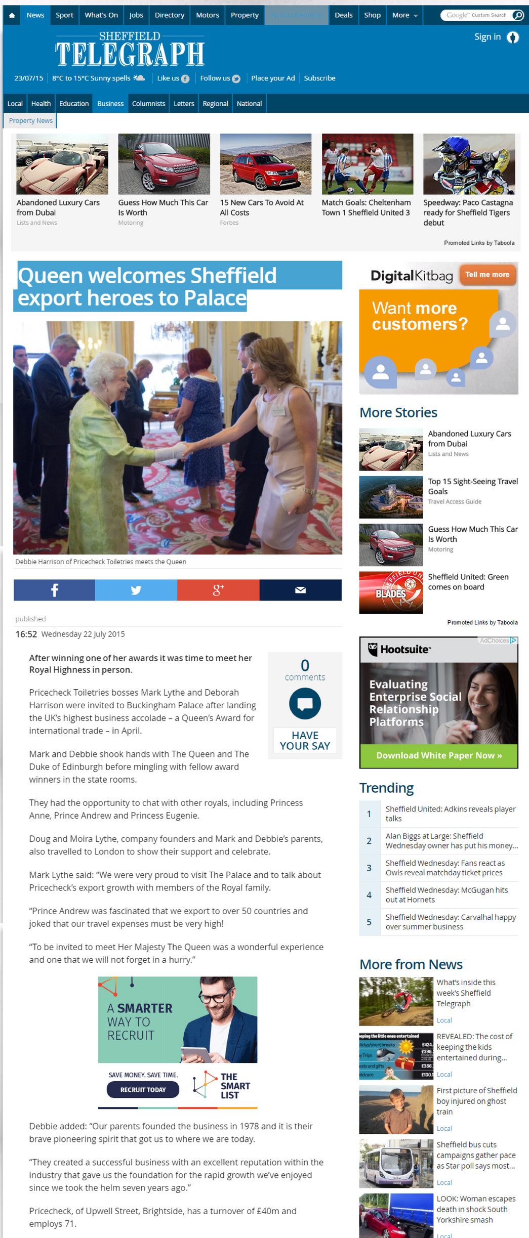 Pricecheck Toiletries Limited - Sheffield Telegraph - Queen Welcomes ...