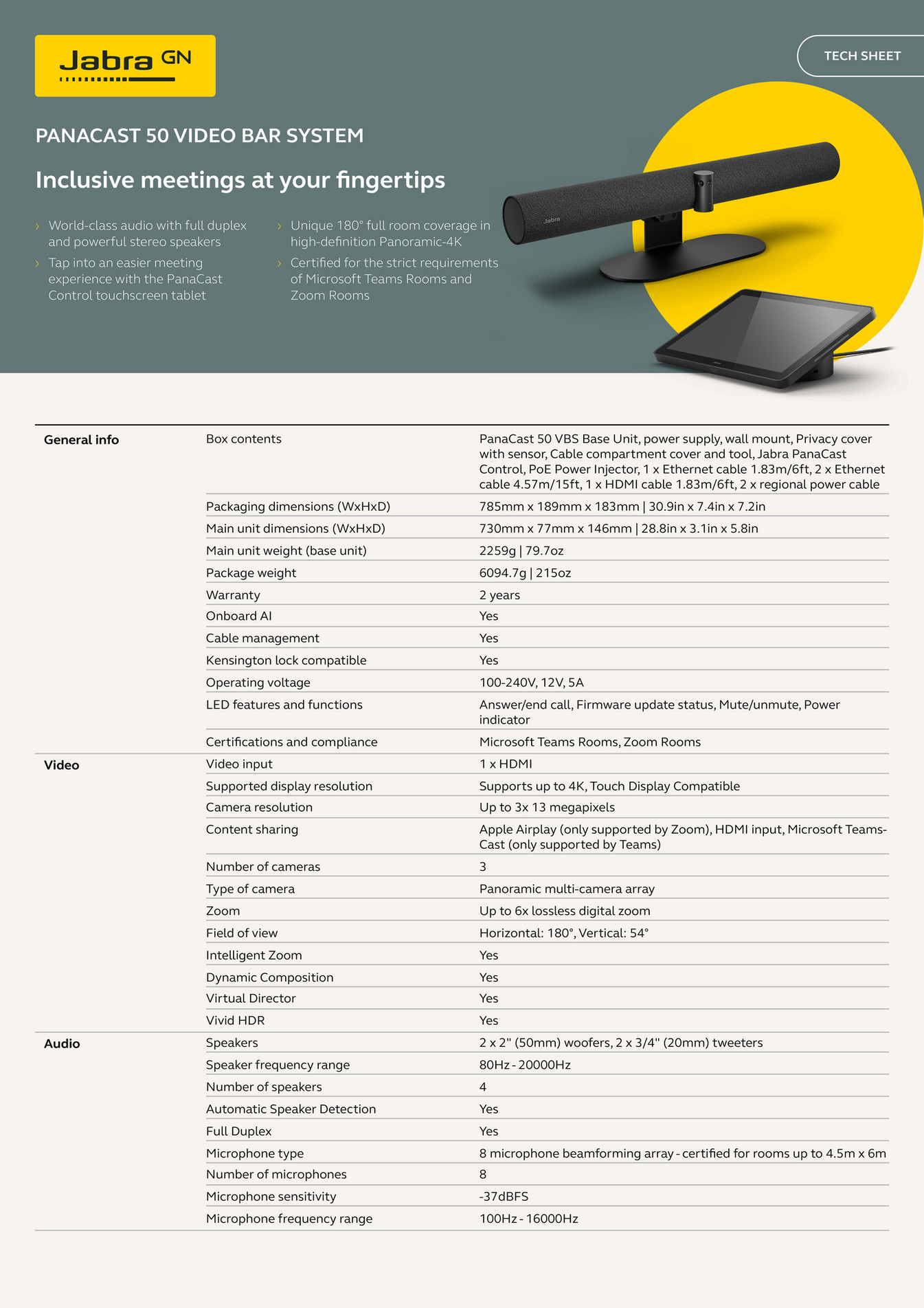 Jabra - EN Jabra PanaCast 50 Video Bar System Tech Spec 240823 - Page 1