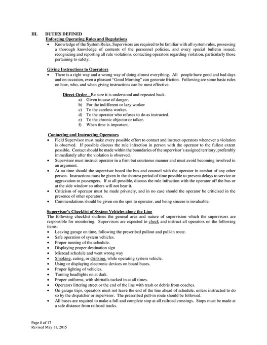 DART Field Operations - Transportation Field Supervisor Training Manual (Bus) - Page 8-9 ...