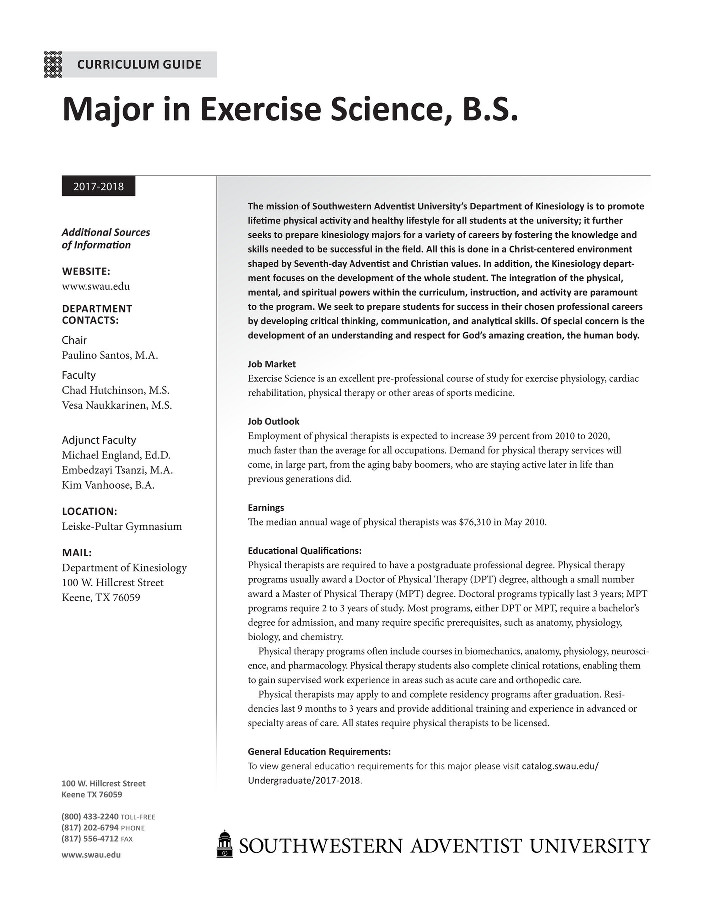 Southwestern Adventist Univers - Exercise Science 2017 - Page 1 ...