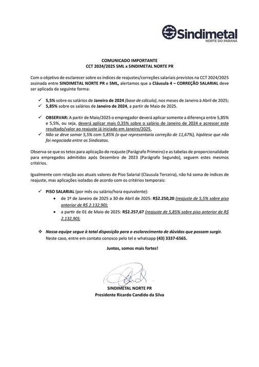 Sindimetal Norte do Paraná - 21.05.2025 - Comunicado sobre ...
