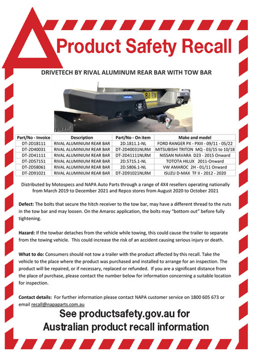 NAPA Auto Parts - RIVAL REAR BARS RECALL NOTICE SEPT2022 - Page 1