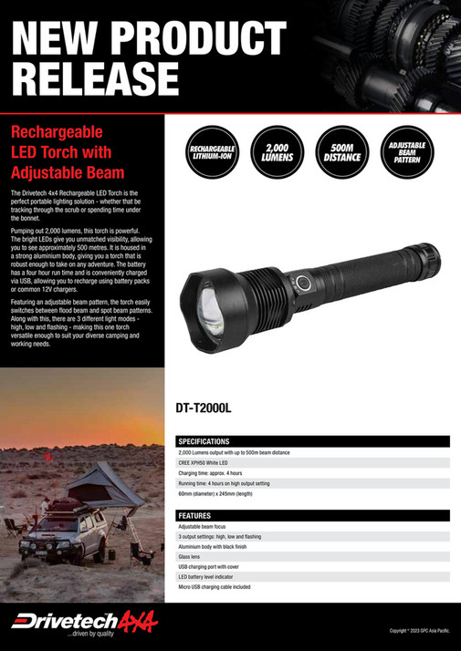 NAPA Auto Parts - NP (DT) 23-0023 4x4 Rechargeable LED Torch - DT-T2000L - LR DRIVETECH - Page 1
