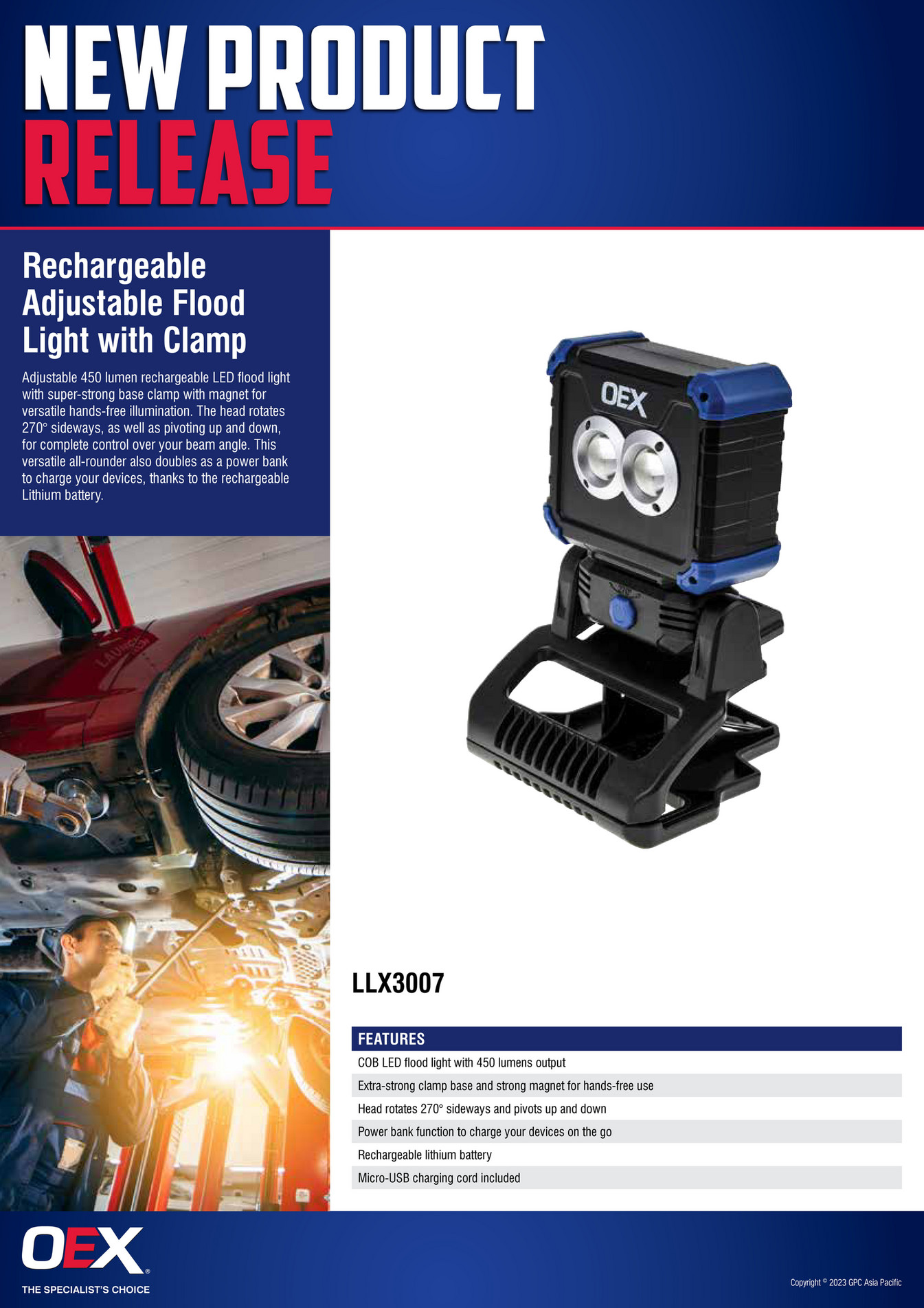 NAPA Auto Parts - NP (OEX) 23-0022 Rechargeable Adjustable Flood Light with Clamp - LLX3007 - LR ...