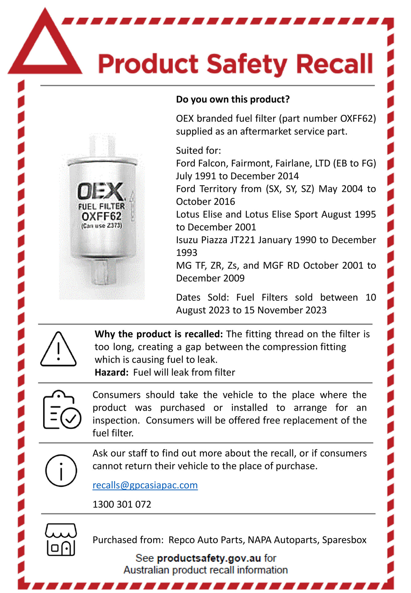 NAPA Auto Parts - Product Recall Notice AU OXFF62 DEC23 - Page 1