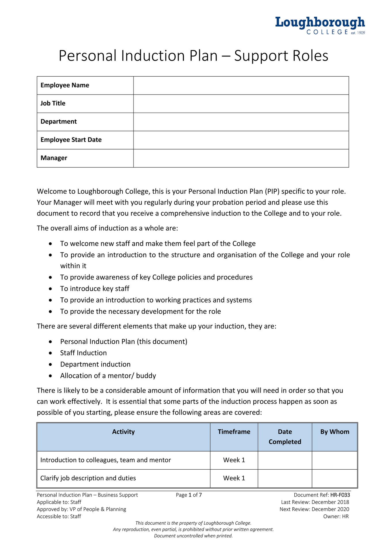 My publications - Personal Induction Plan for Support Staff - Page 1 ...