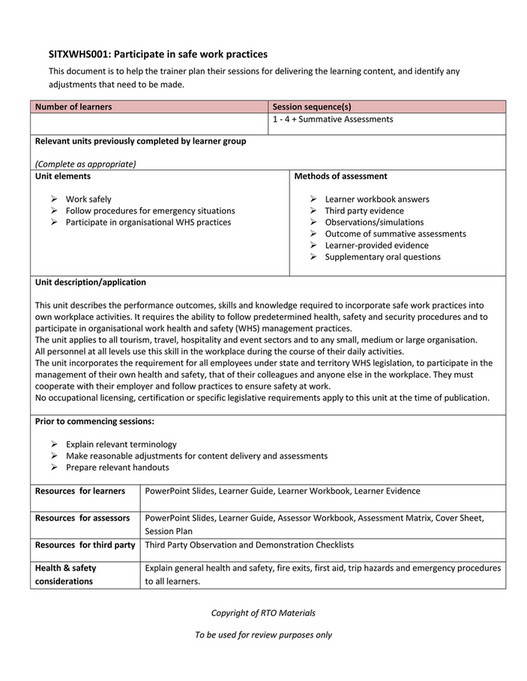 RTO Materials - SITXWHS001 Session Plan V1.0 - Page 1
