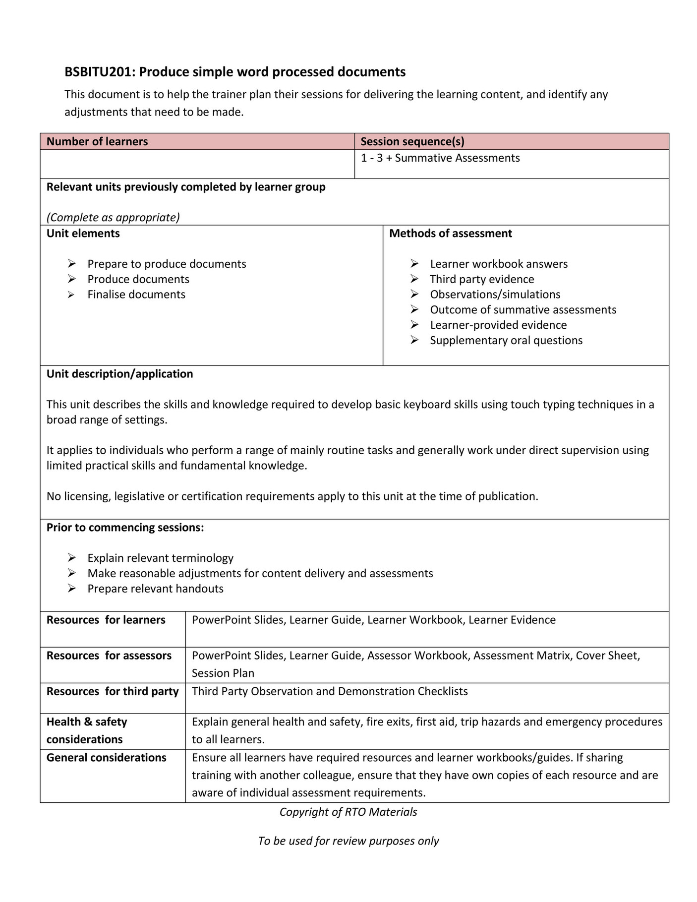 RTO Materials - BSBITU201 Session Plan V1.0 - Page 1