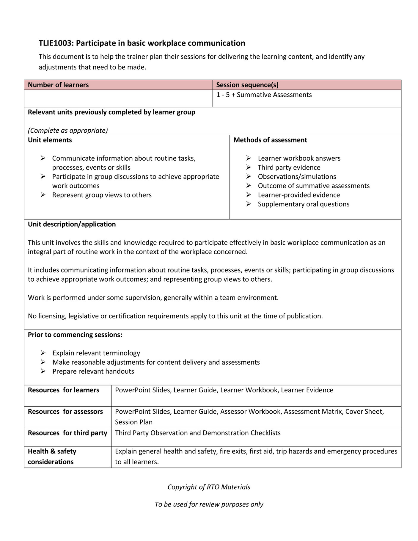 RTO Materials - TLIE1003 Session Plan V1.0 - Page 1