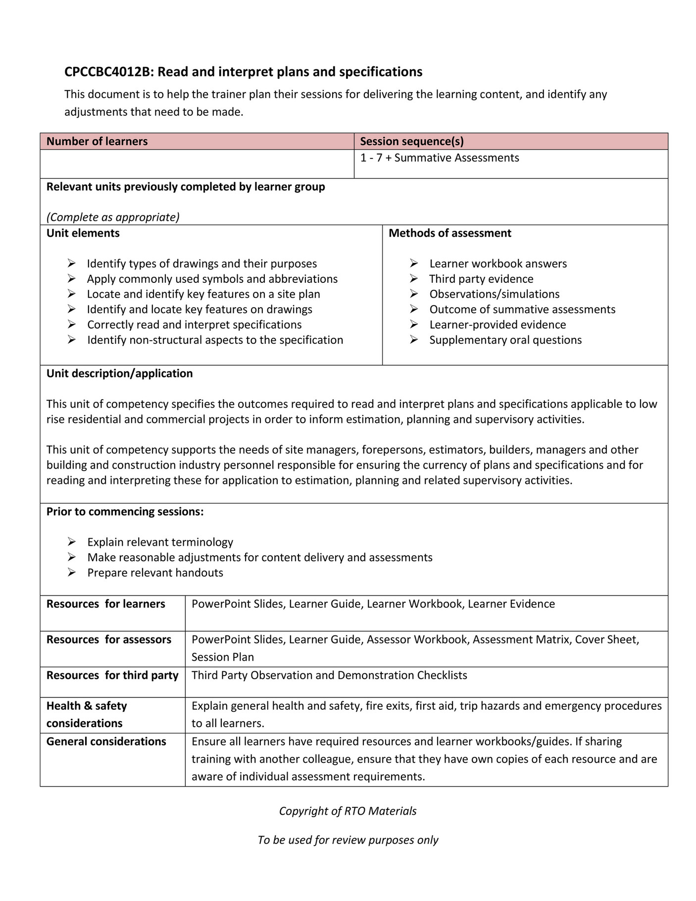 RTO Materials - CPCCBC4012B Session Plan V1.0 - Page 4-5