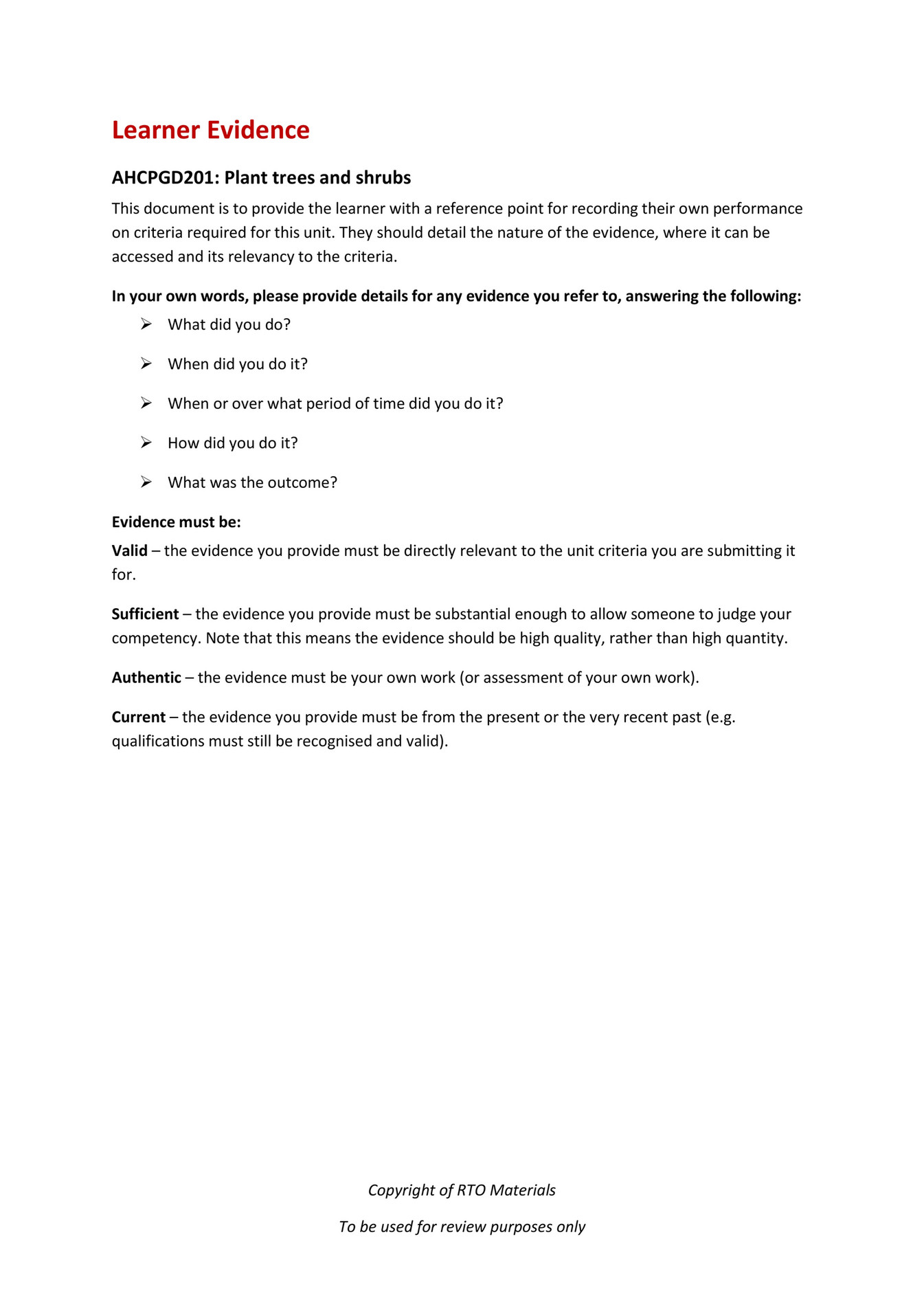 RTO Materials - AHCPGD201 Learner Evidence V1.0 - Page 4 RTO Materials - AHCPGD201 Learner Evidence V1.0 - Page 4