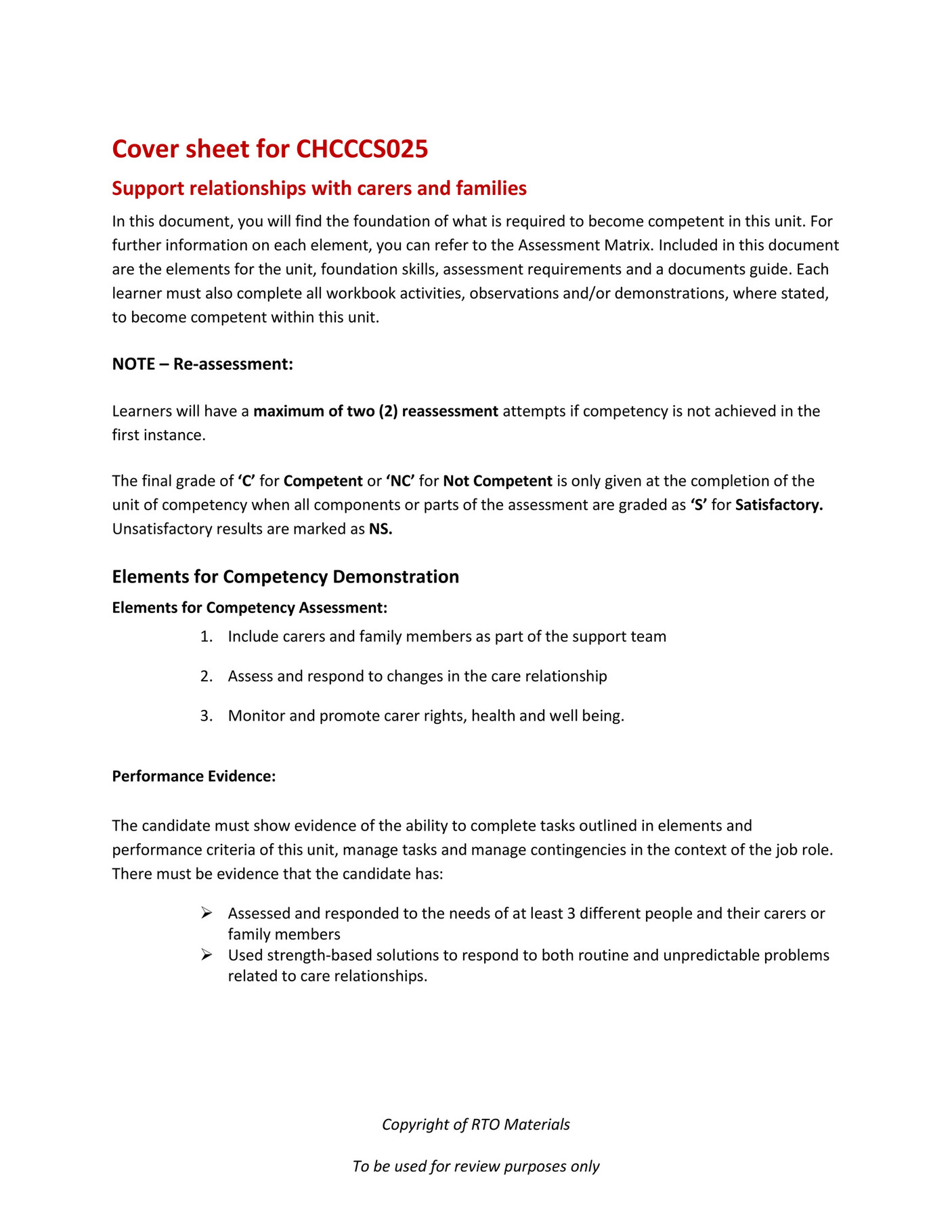 RTO Materials - CHCCCS025 Cover Sheet V1.1 - Page 1 RTO Materials - CHCCCS025 Cover Sheet V1.1 - Page 1