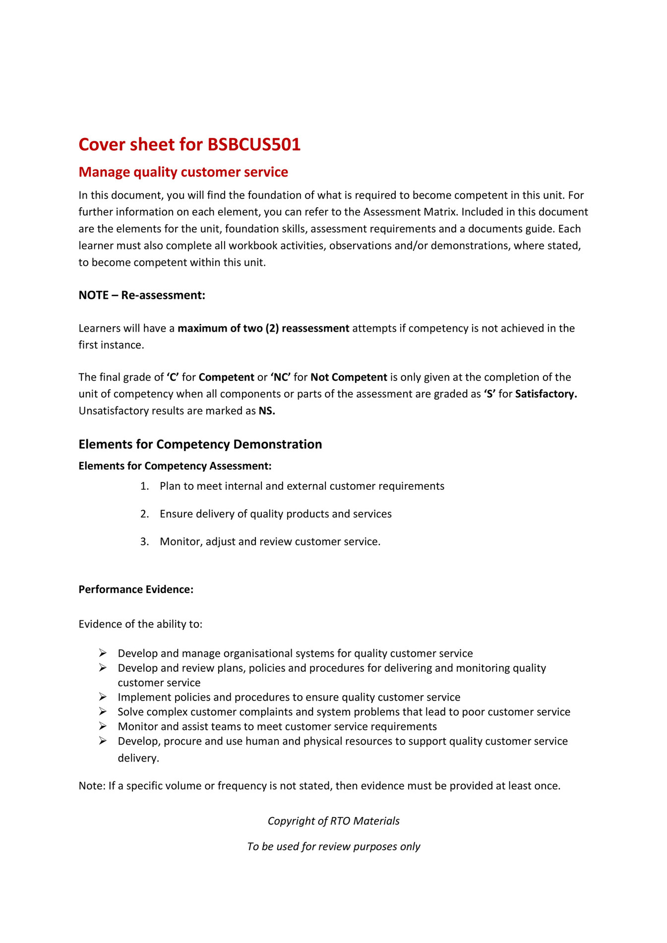 RTO Materials - BSBCUS501 Cover Sheet V1.0 - Page 1 RTO Materials - BSBCUS501 Cover Sheet V1.0 - Page 1