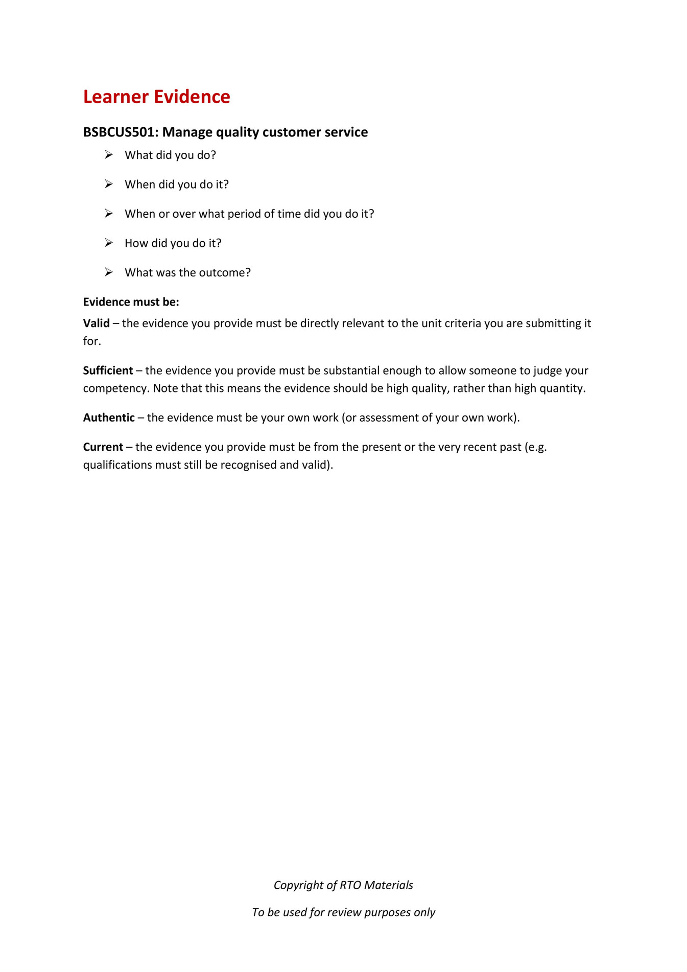 RTO Materials - BSBCUS501 Learner Evidence V1.0 - Page 1 RTO Materials - BSBCUS501 Learner Evidence V1.0 - Page 1