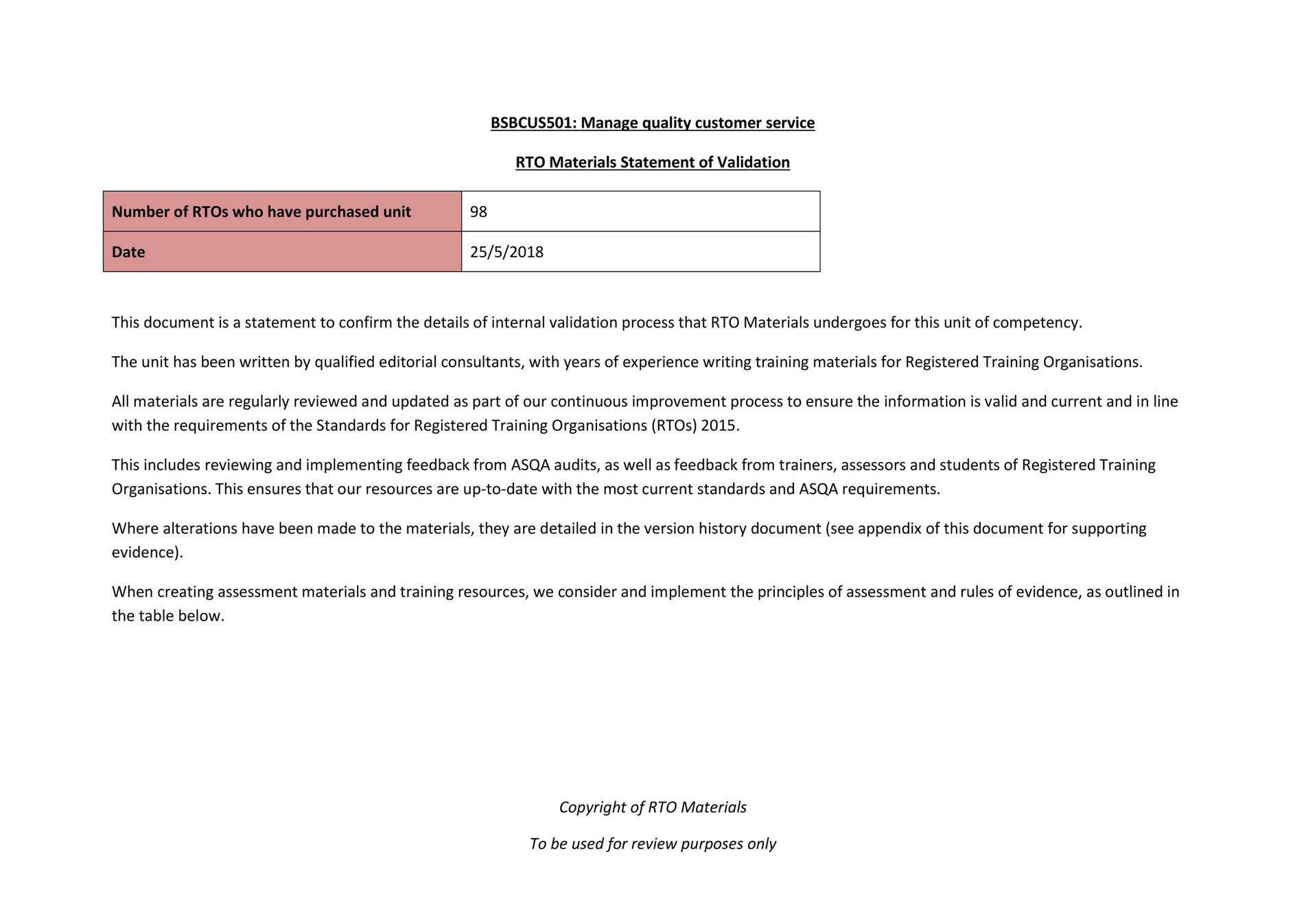 RTO Materials - BSBCUS501 RTO Materials statement of validation - Page 2-3 RTO Materials - BSBCUS501 RTO Materials statement of validation - Page 2-3