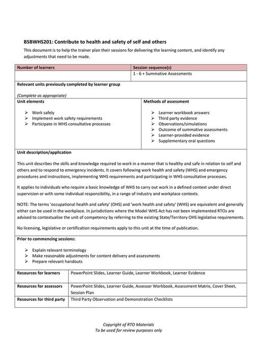 RTO Materials - BSBWHS201 Session Plan V1.0 - Page 1