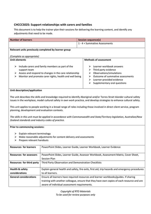 RTO Materials - CHCCCS025 Session Plan V1.0 - Page 1