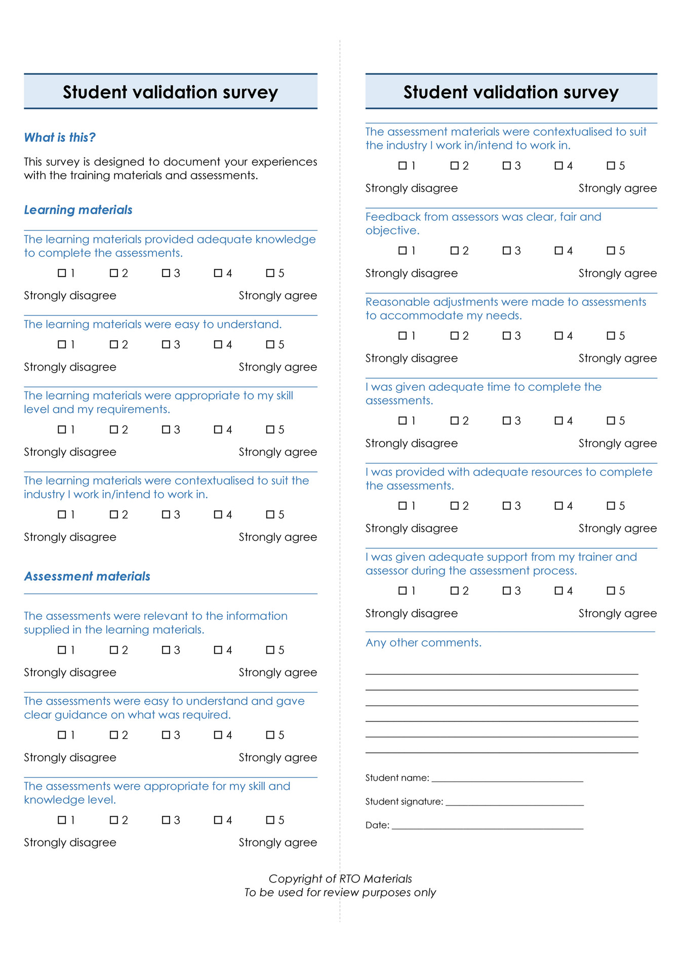 RTO Materials - CHCCCS025 Student validation survey - Page 1