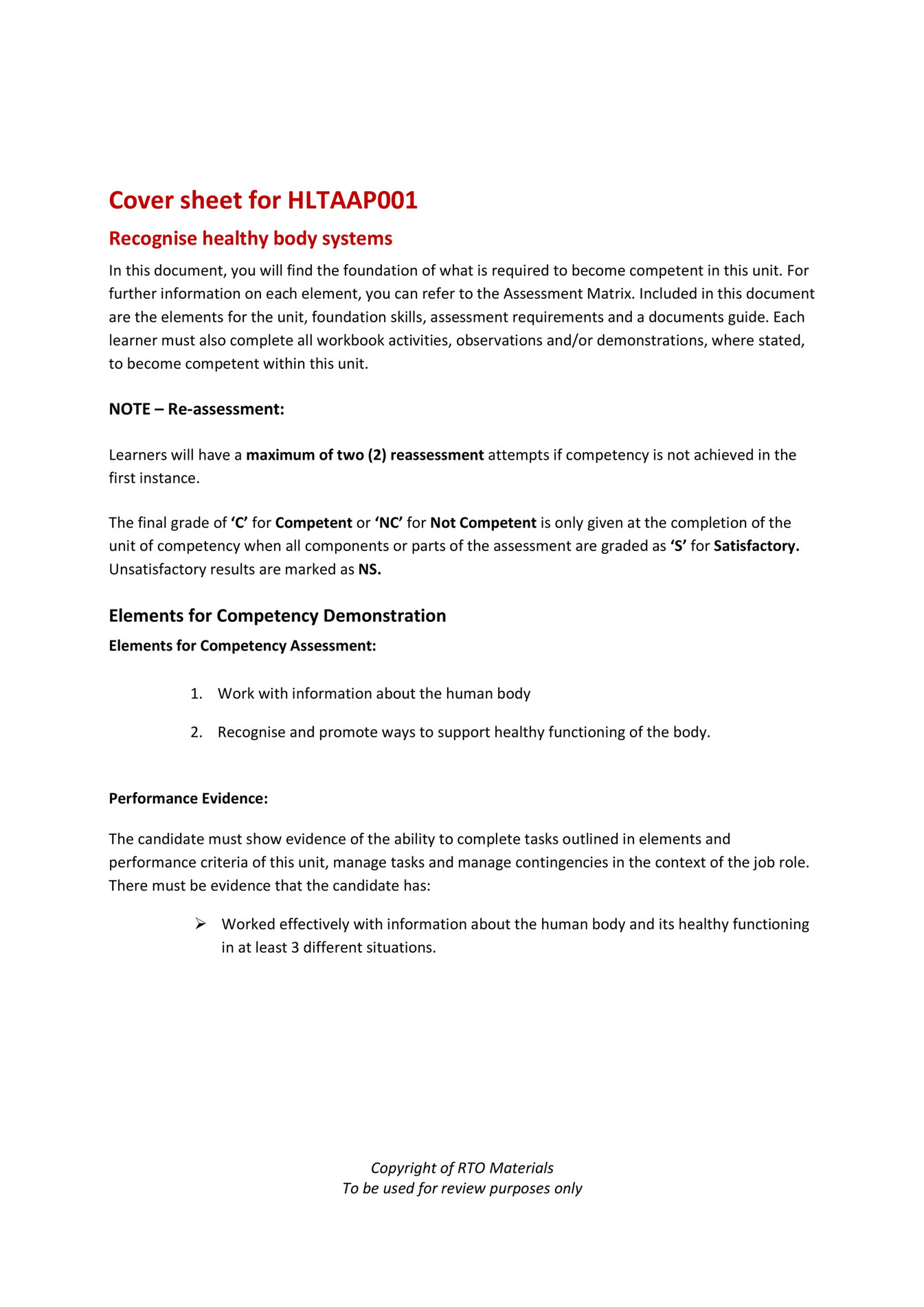 RTO Materials - HLTAAP001 Cover Sheet V1.2 - Page 1 RTO Materials - HLTAAP001 Cover Sheet V1.2 - Page 1