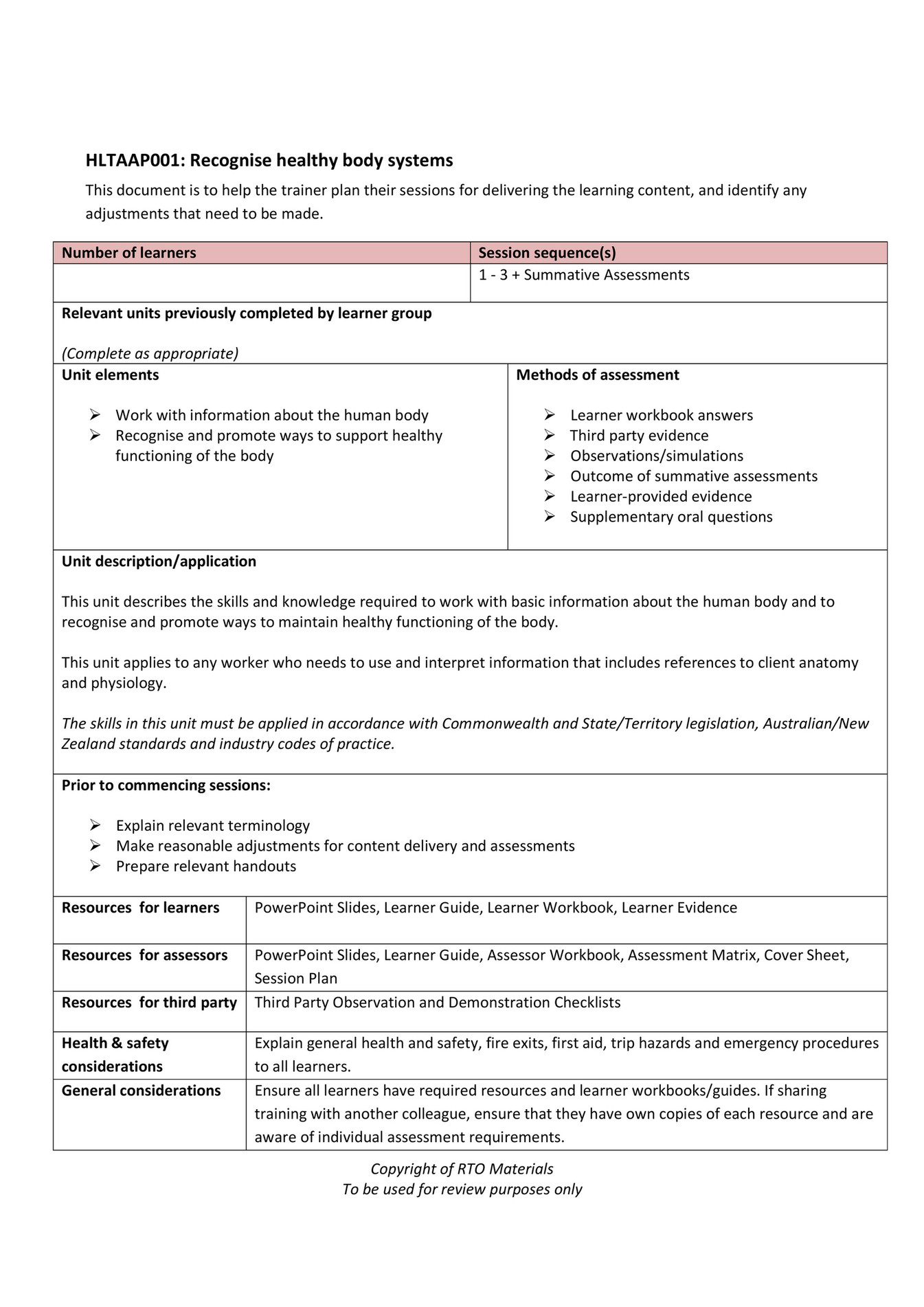 RTO Materials - HLTAAP001 Session Plan V1.0 - Page 1 RTO Materials - HLTAAP001 Session Plan V1.0 - Page 1