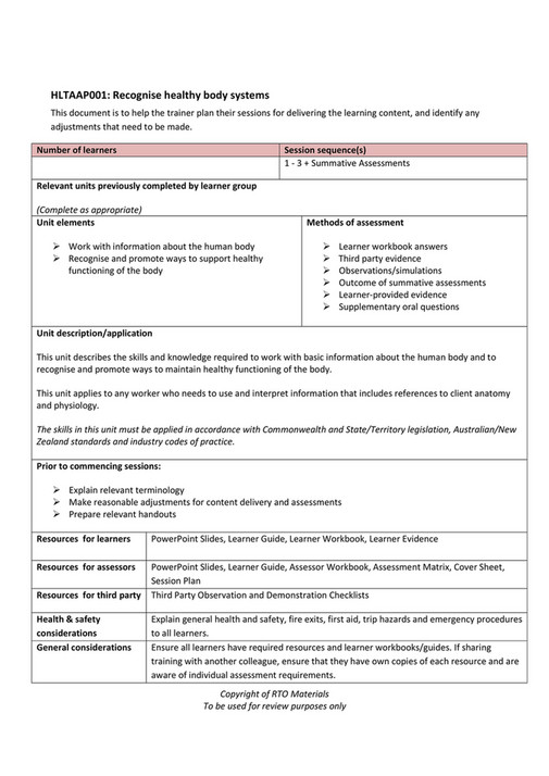 RTO Materials - HLTAAP001 Session Plan V1.0 - Page 1