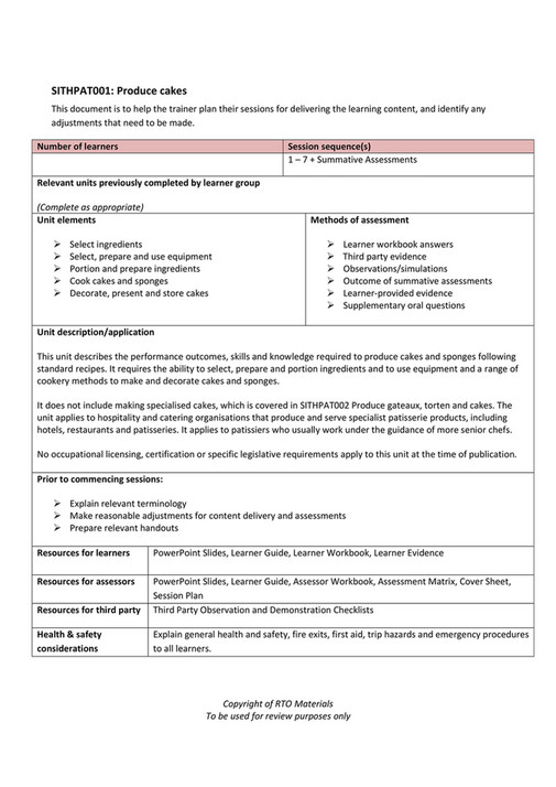 RTO Materials - SITHPAT001 Session Plan V1.0 - Page 1