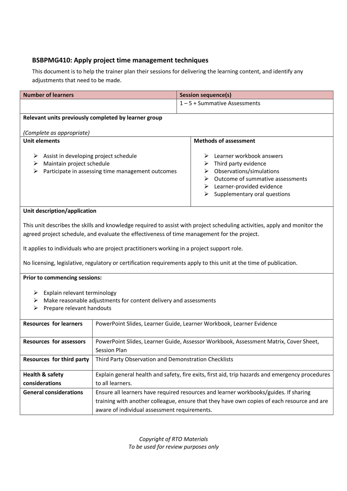 RTO Materials - BSBPMG410 Session Plan V1.0 - Page 1
