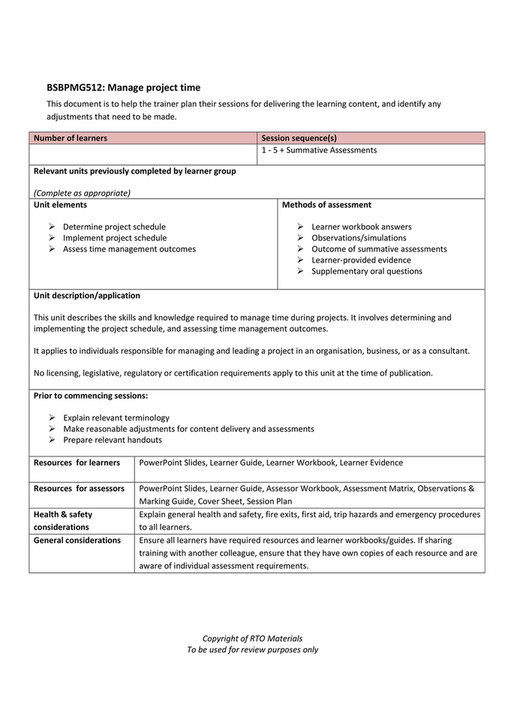 RTO Materials - BSBPMG512 Session Plan V1.0 - Page 1
