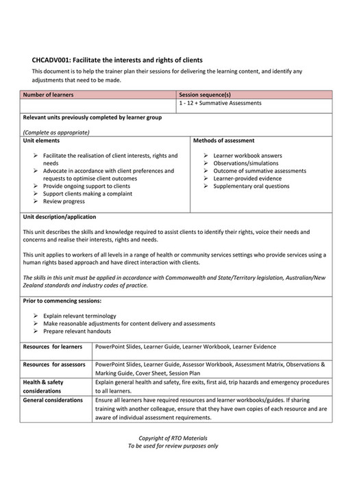 RTO Materials - CHCADV001 Session Plan V1.0 - Page 1