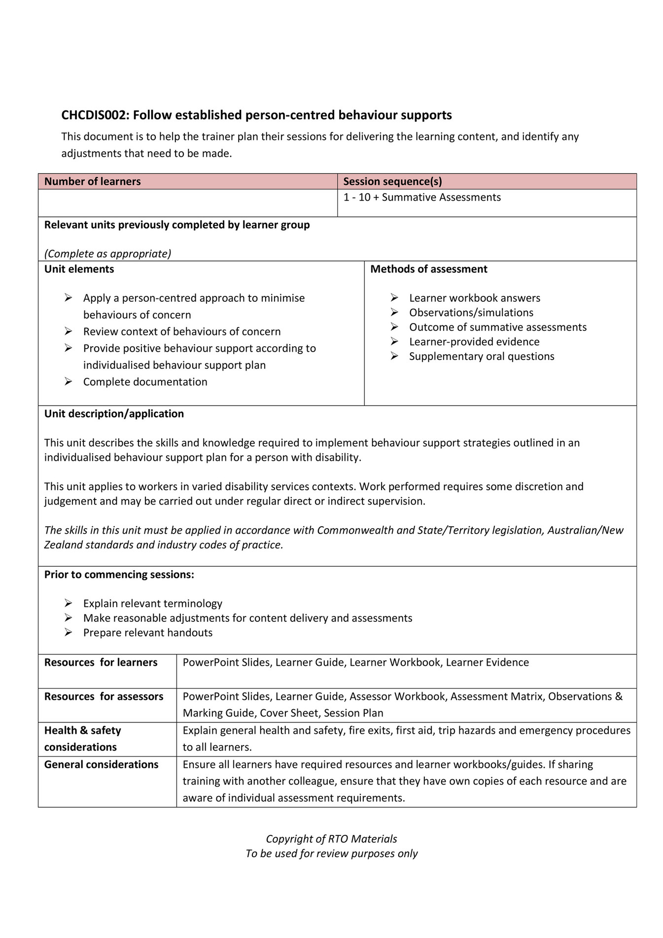 RTO Materials - CHCDIS002 Session Plan V1.0 - Page 1