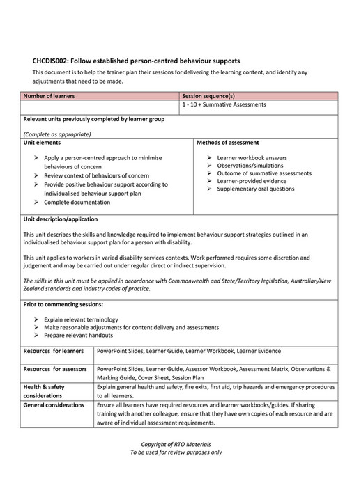 RTO Materials - CHCDIS002 Session Plan V1.0 - Page 1