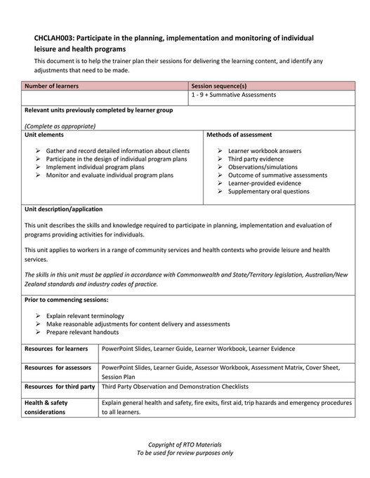 RTO Materials - CHCLAH003 Session Plan V1.0 - Page 1