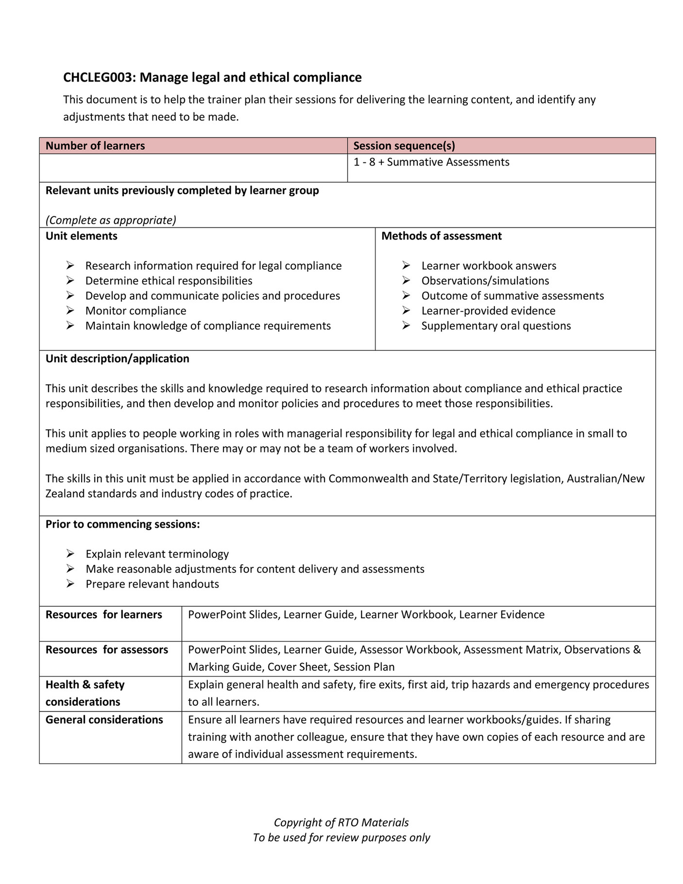 RTO Materials - CHCLEG003 Session Plan V1.0 - Page 2-3