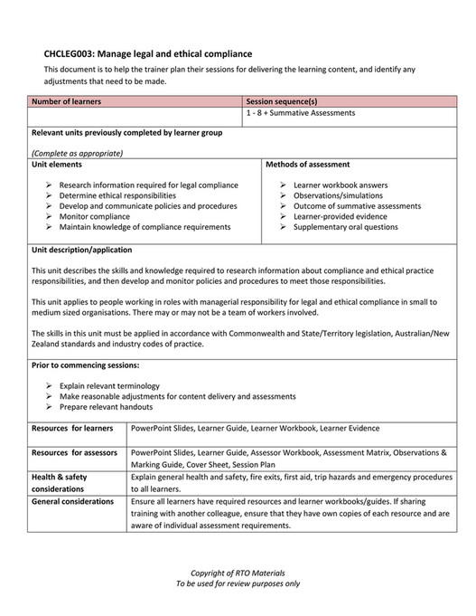 RTO Materials - CHCLEG003 Session Plan V1.0 - Page 1