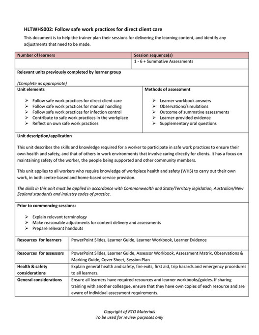 RTO Materials - HLTWHS002 Session Plan V1.0 - Page 1