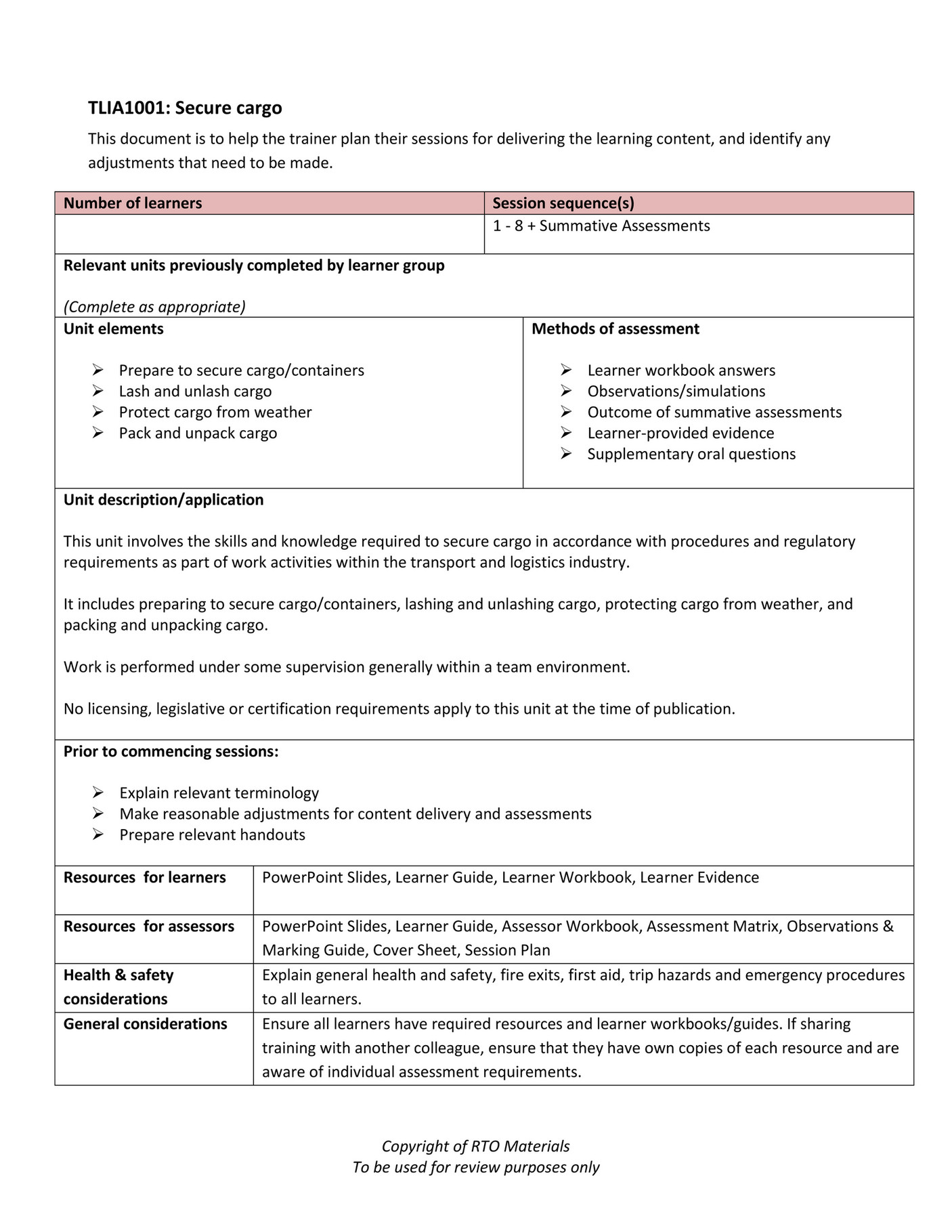 RTO Materials - TLIA1001 Session Plan V1.0 - Page 1