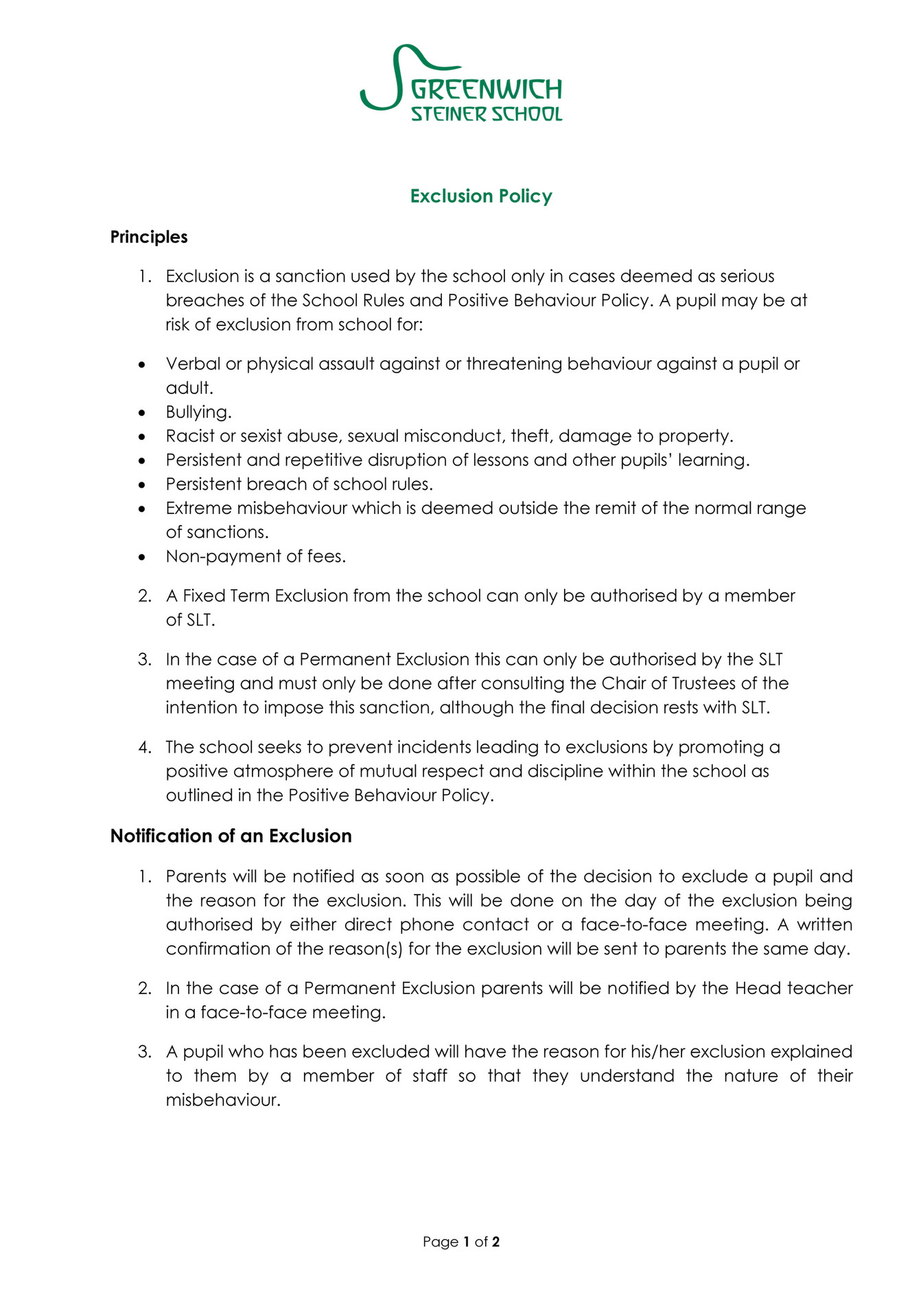 Greenwich Waldorf School - GSS Exclusion Policy - Page 1 - Created with ...