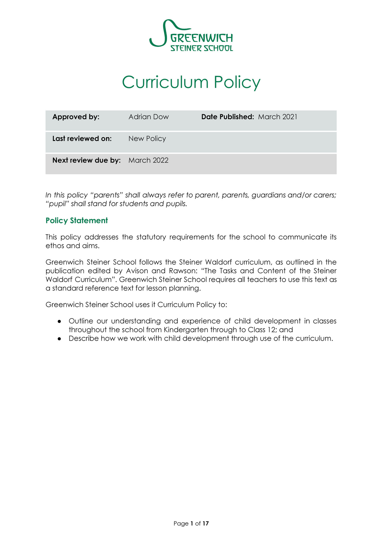 Greenwich Waldorf School - Curriculum Policy - Page 1 - Created with ...