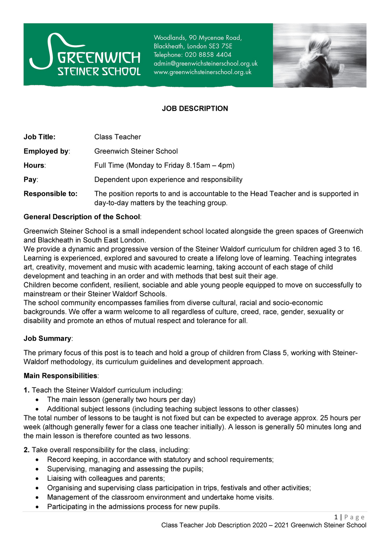 Greenwich Waldorf School Job Description Class Teacher Page 1