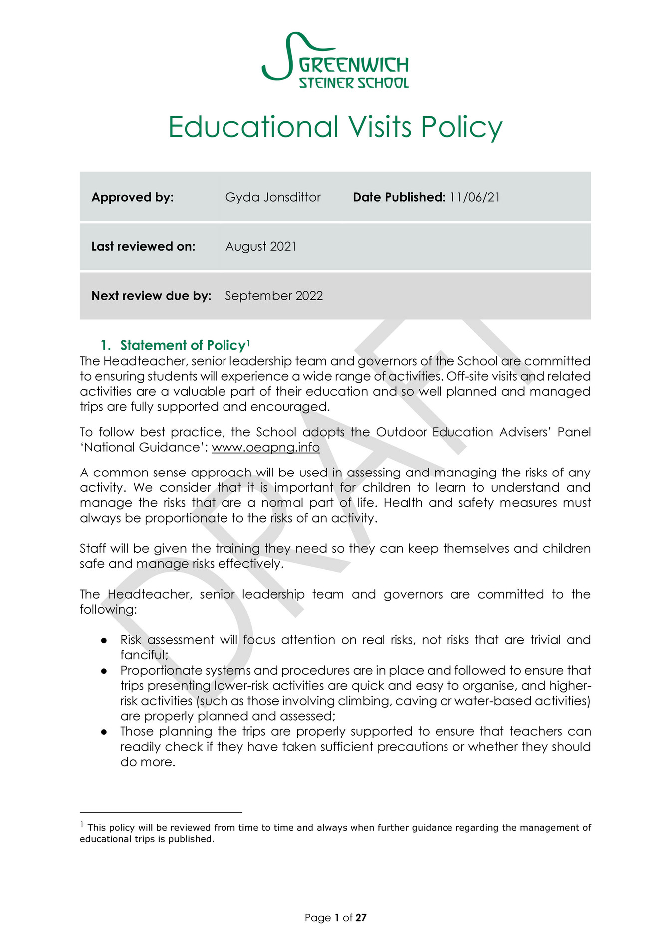 Greenwich Steiner School - Educational Visits Policy - Page 1 - Created ...