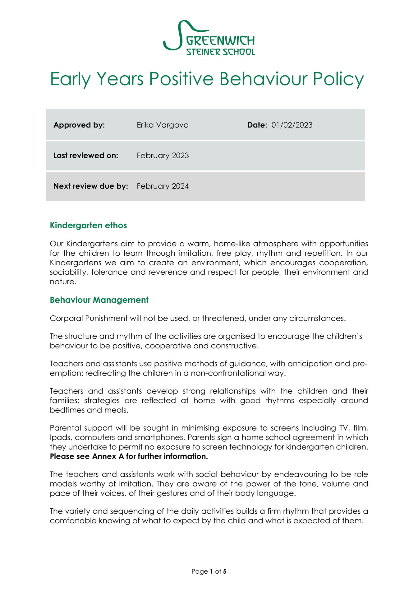 Greenwich Waldorf School - Early Years Behaviour Policy 2022 .docx ...