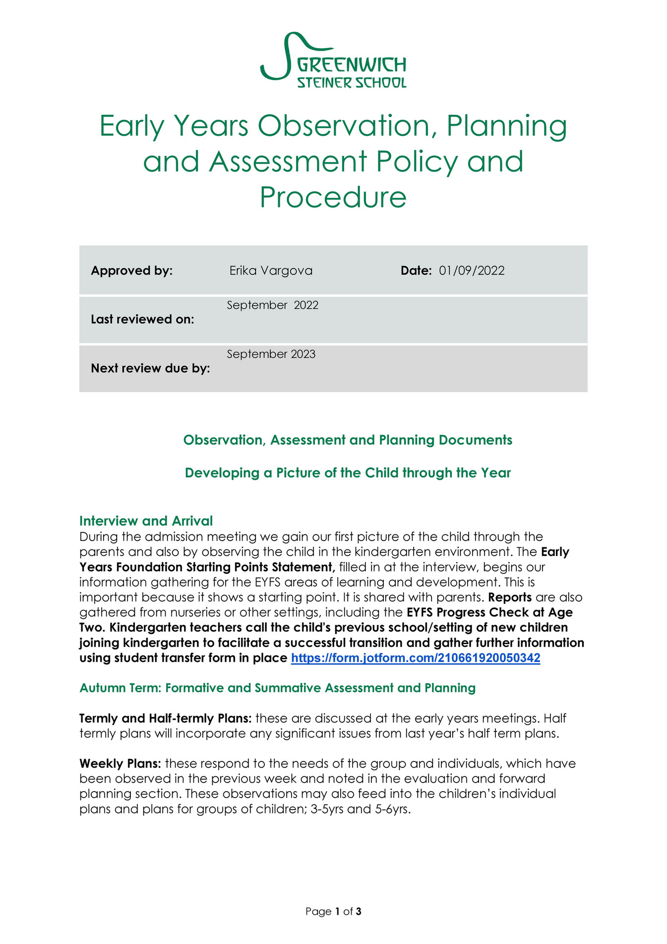 Greenwich Waldorf School - Early Years Observation, Planning and ...