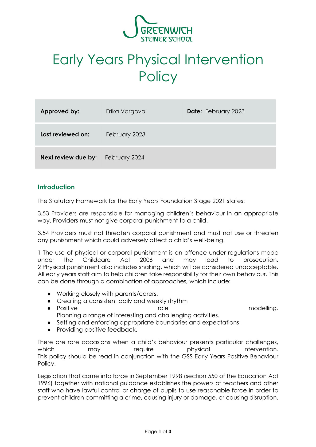 Greenwich Waldorf School - Early Years Physical Intervention Policy ...