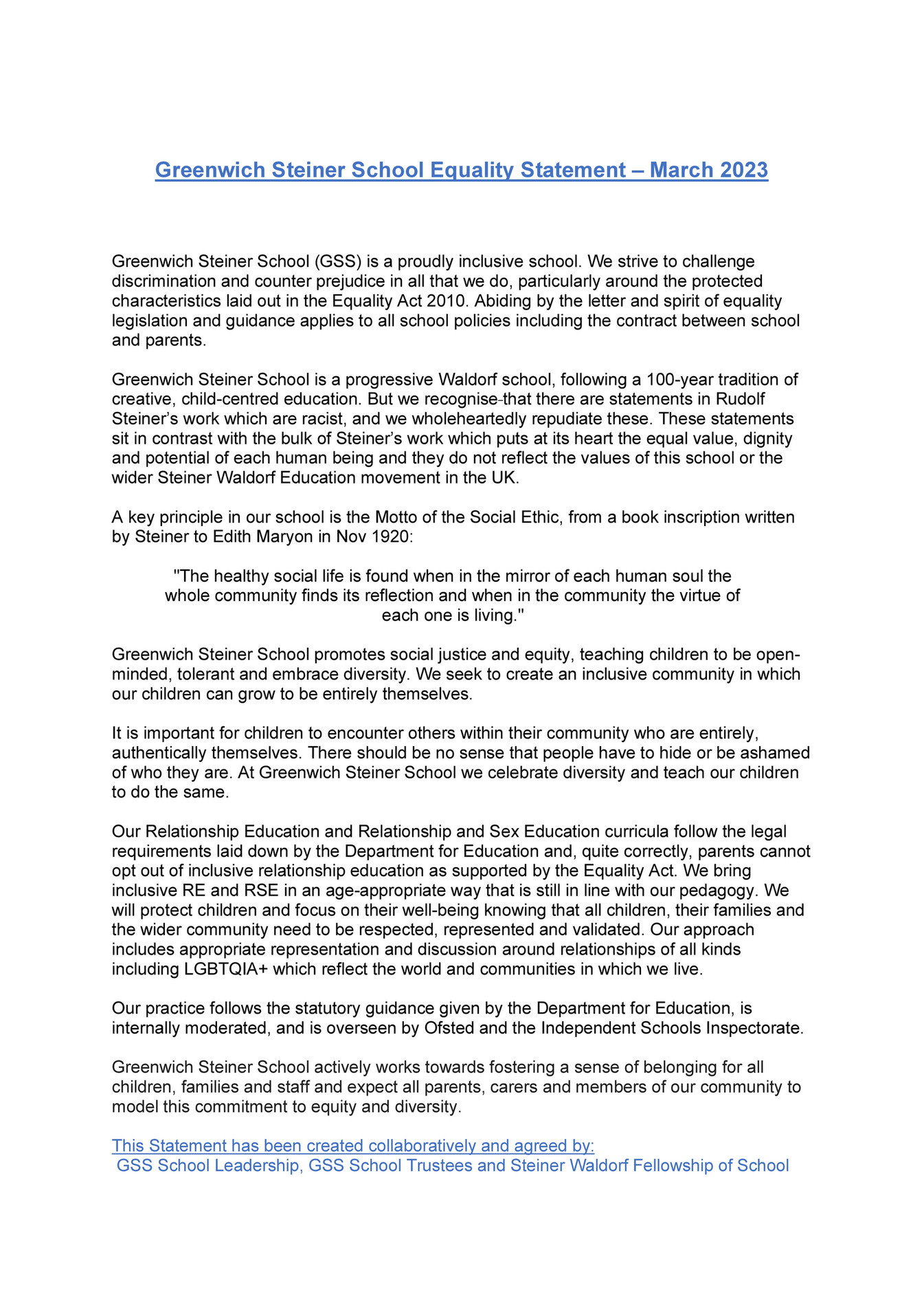 Greenwich Waldorf School - GSS EQUALITY STATEMENT - Page 1 - Created ...