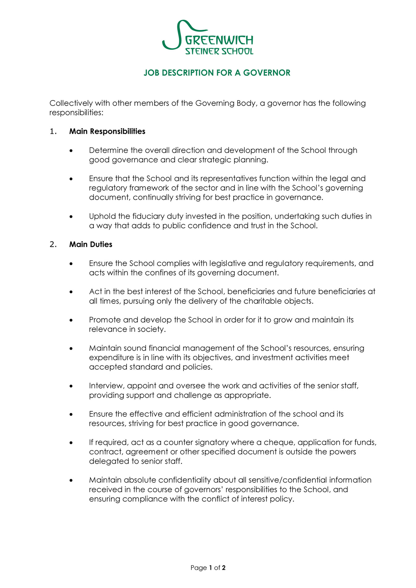 Greenwich Waldorf School - Job Description - Governor - Page 1 ...