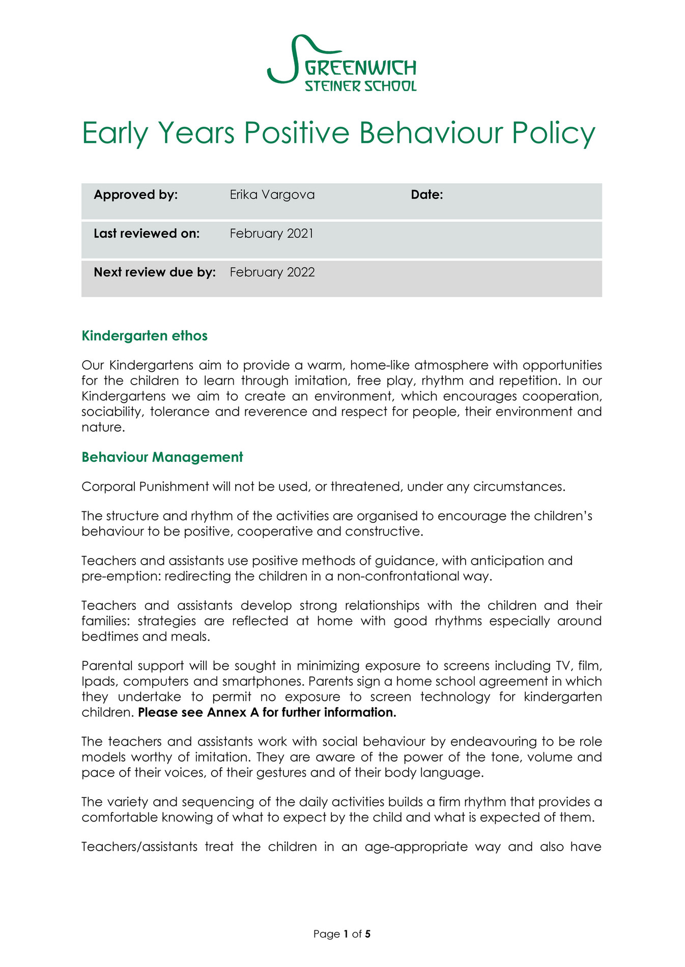Greenwich Steiner School - Early Years Positive Behaviour Policy - Page ...