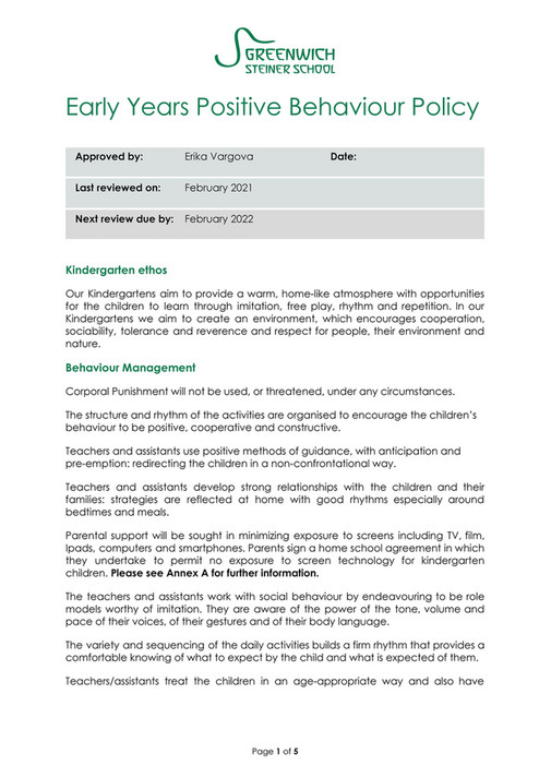 Greenwich Waldorf School - Early Years Positive Behaviour Policy - Page ...