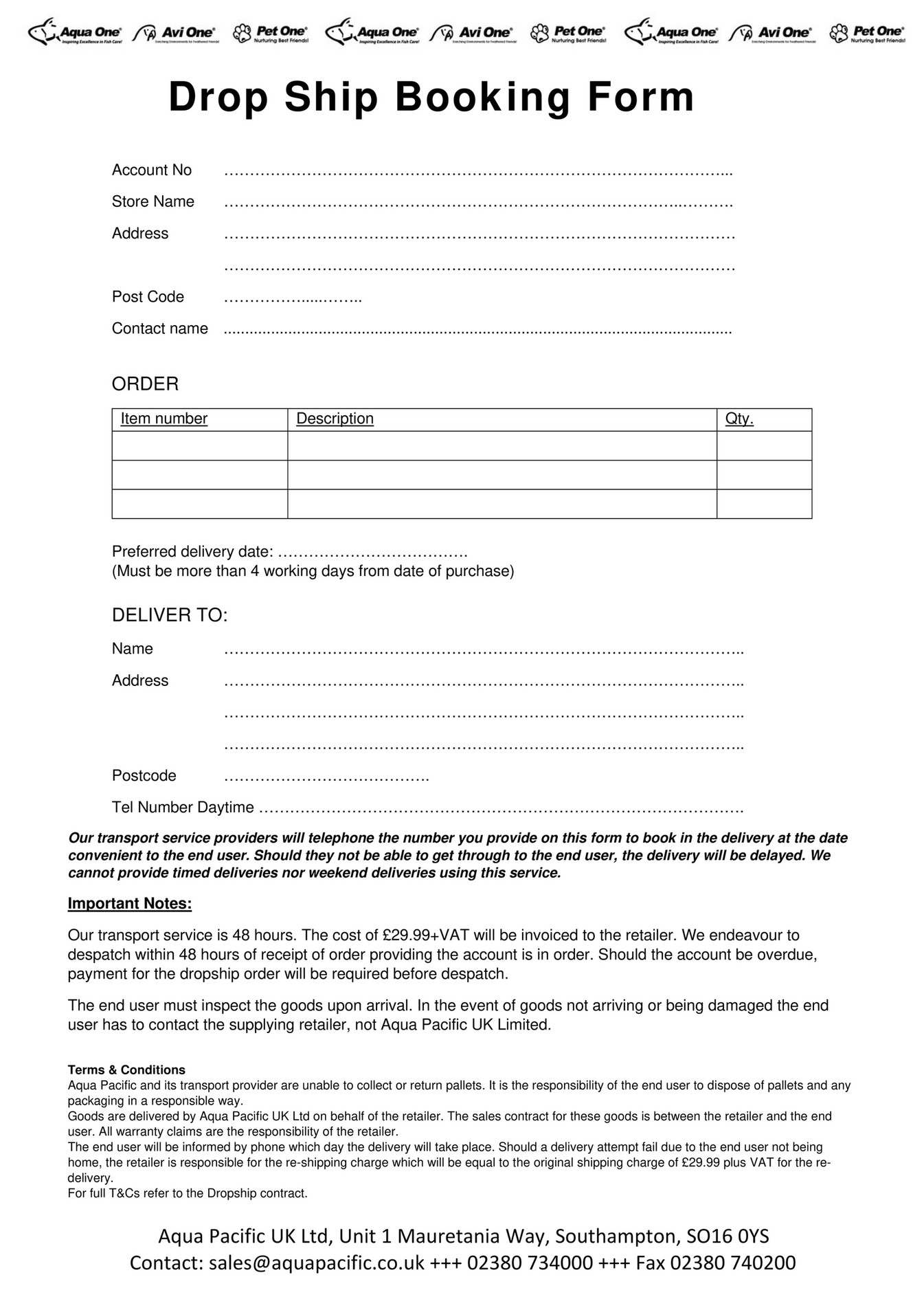 Aqua Pacific UK Ltd - Aqua One Drop Ship Order Form - Page 1 - Created ...